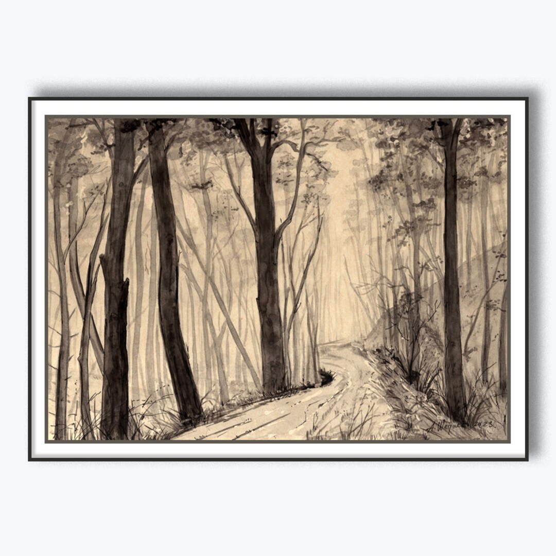 Ink Drawing foggy Forest. Original Drawing. Cloudy Forest Landscape ...