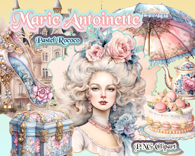 Marie Antoinette Stylized Watercolor Clipart, Pastel Rococo Clipart Set ...