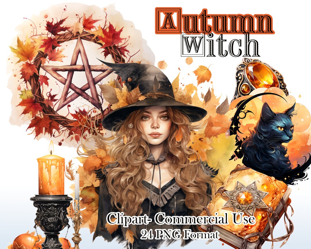 Fall Witch Clipart, Watercolor Halloween PNG, Journaling, Autumn Witch ...