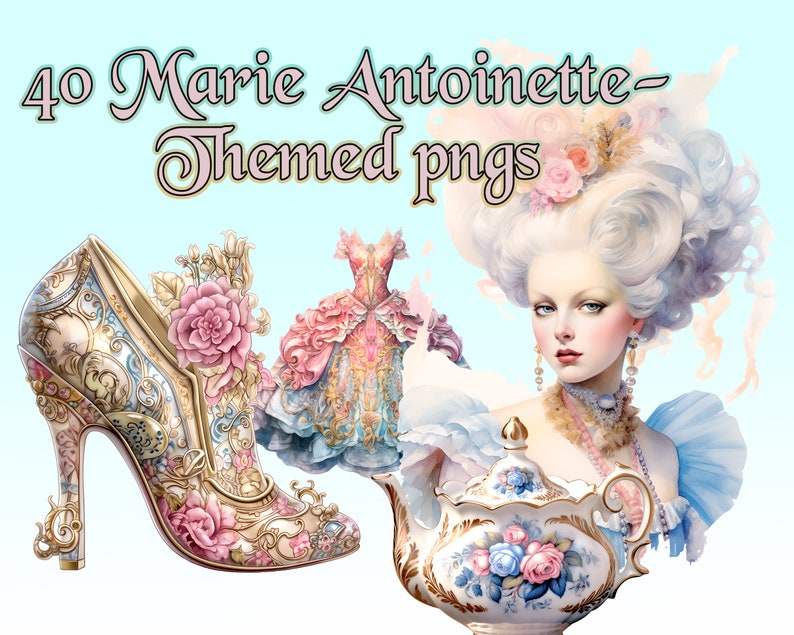 Marie Antoinette Stylized Watercolor Clipart, Pastel Rococo Clipart Set ...
