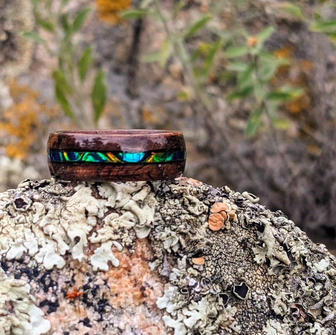 Walnut Burl Wood Inlay Ring With Dichrolam - Etsy
