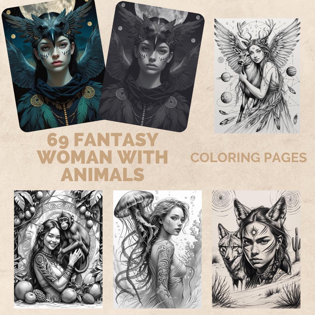 69 Fantasy Woman With Animals Coloring Pages: Coloring Pages, Grayscale ...