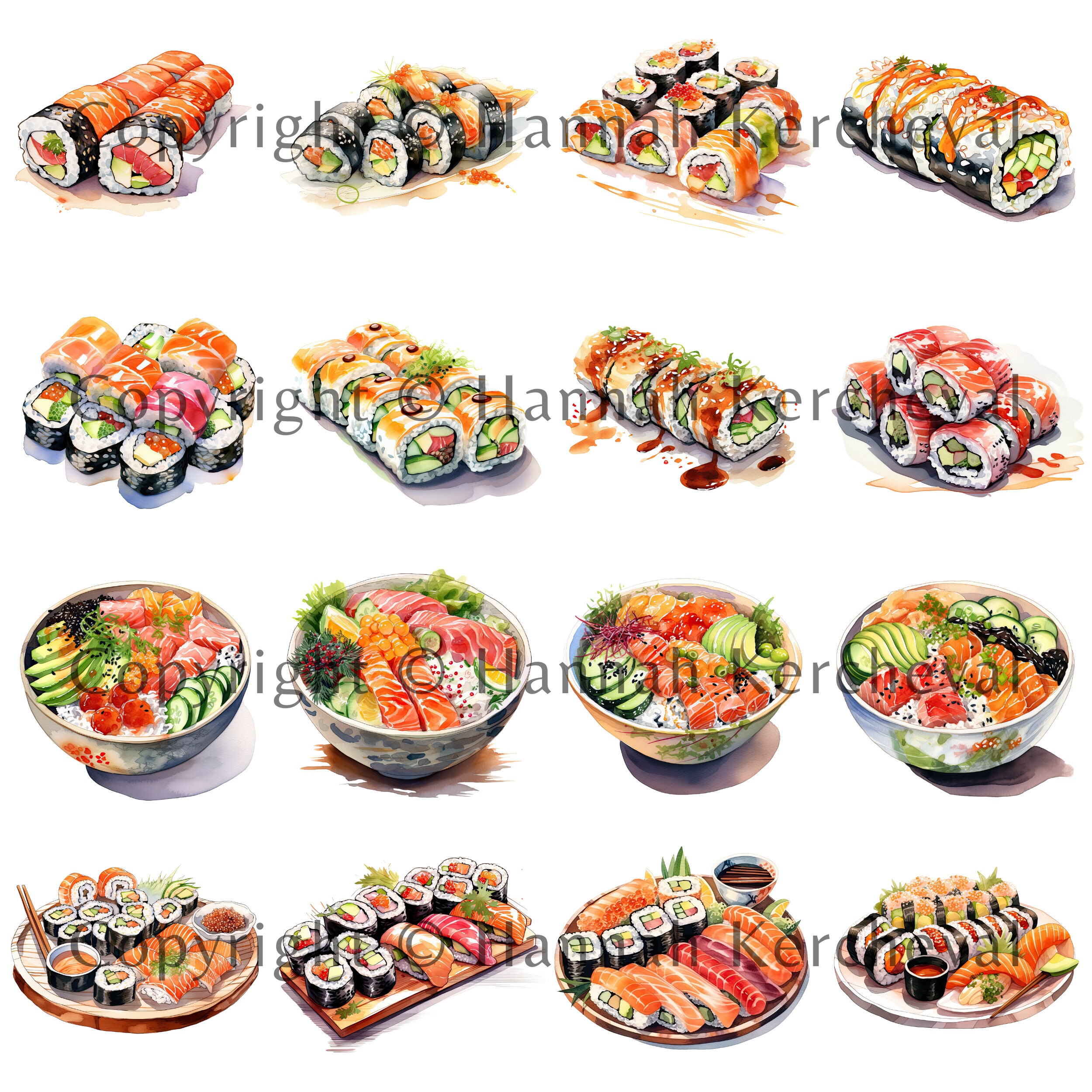 Sushi Clipart, Poke Bowl Clipart, Sushi Roll Clipart, Watercolor Sushi ...