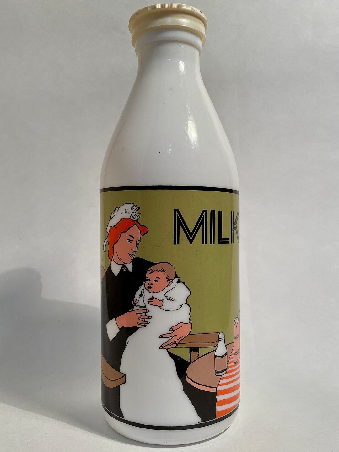 1960s Egizia Italian White Milk Bottle With Art Nouveau Nurse and Child ...