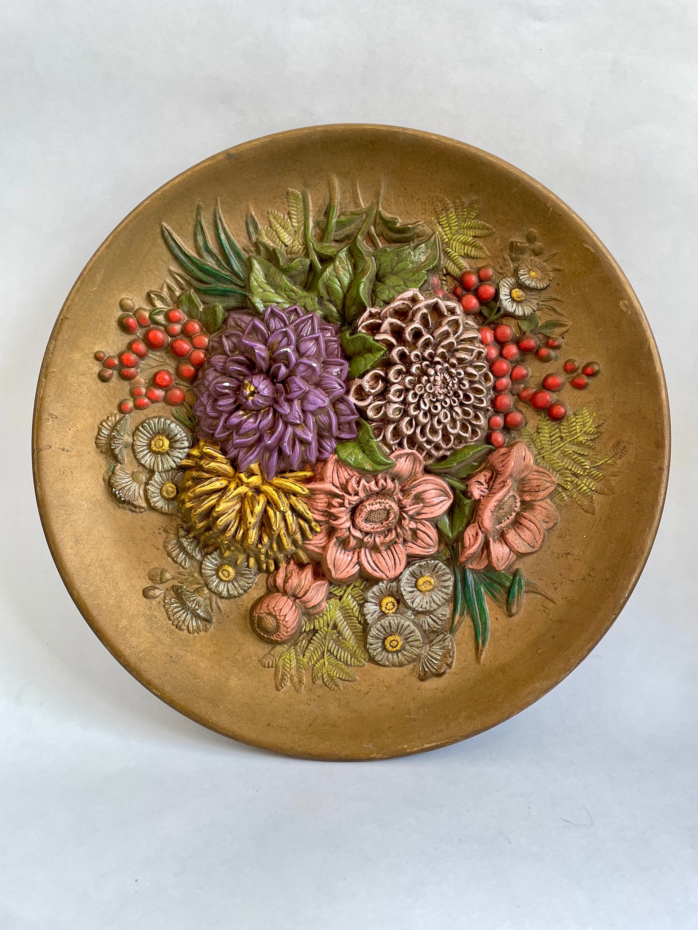 1960s Large Floral Round Wall Chalkware Sculpture - Etsy