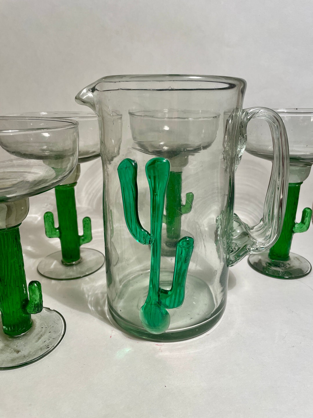 Hand Blown Glass Cactus Margarita Pitcher With Four Glasses - Etsy