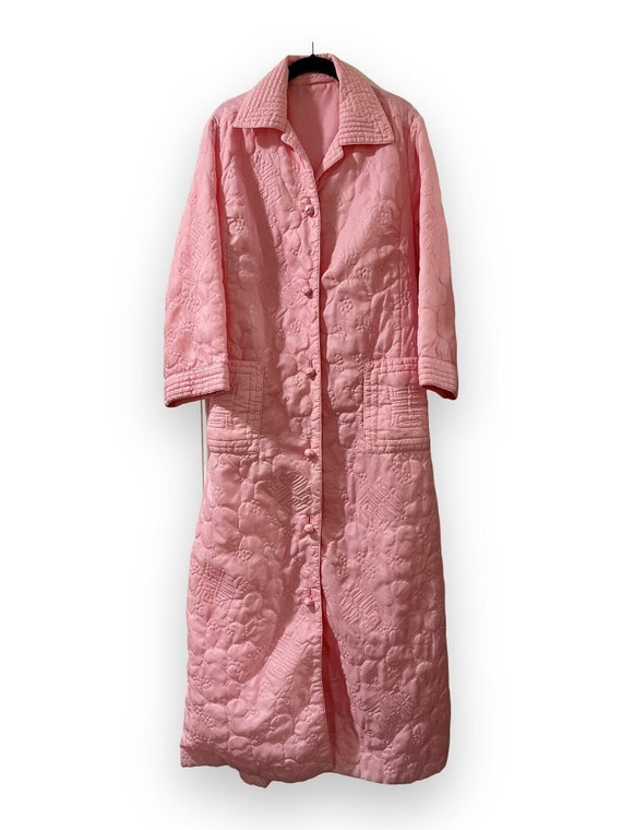 1960's Blush Pink Quilted Puff Satin Lounge Long Robe - Gem