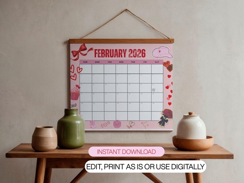 Editable February 2026 Calendar, Printable Calendar W/ Cute Country ...