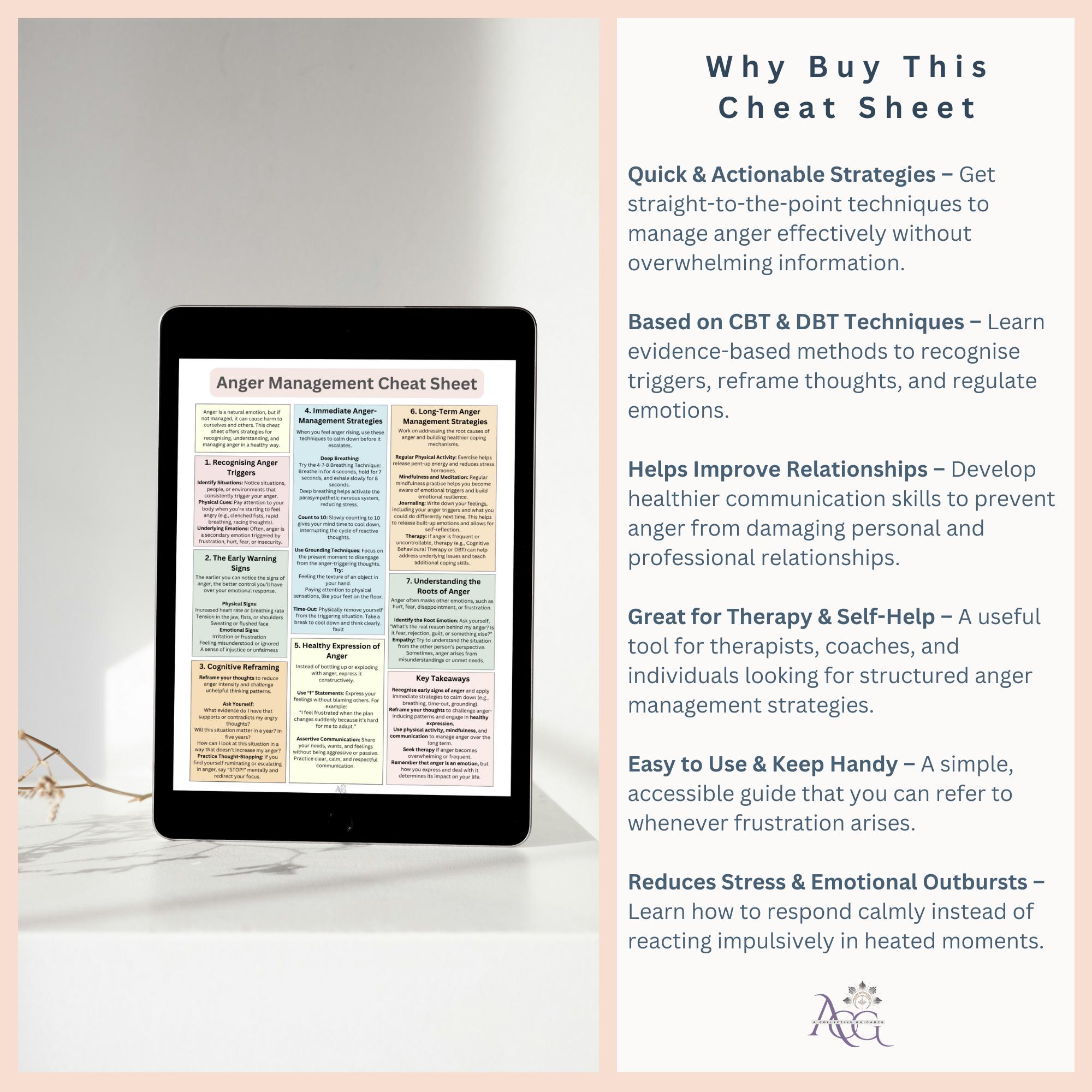 Anger Cheat Sheet | Anger Management Worksheet & CBT Coping Skills ...