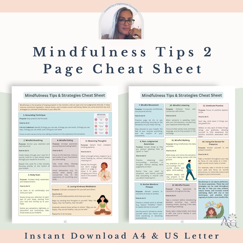 Mindfulness Tips Cheat Sheet: 2-page Therapy Resource for Easy Stress ...