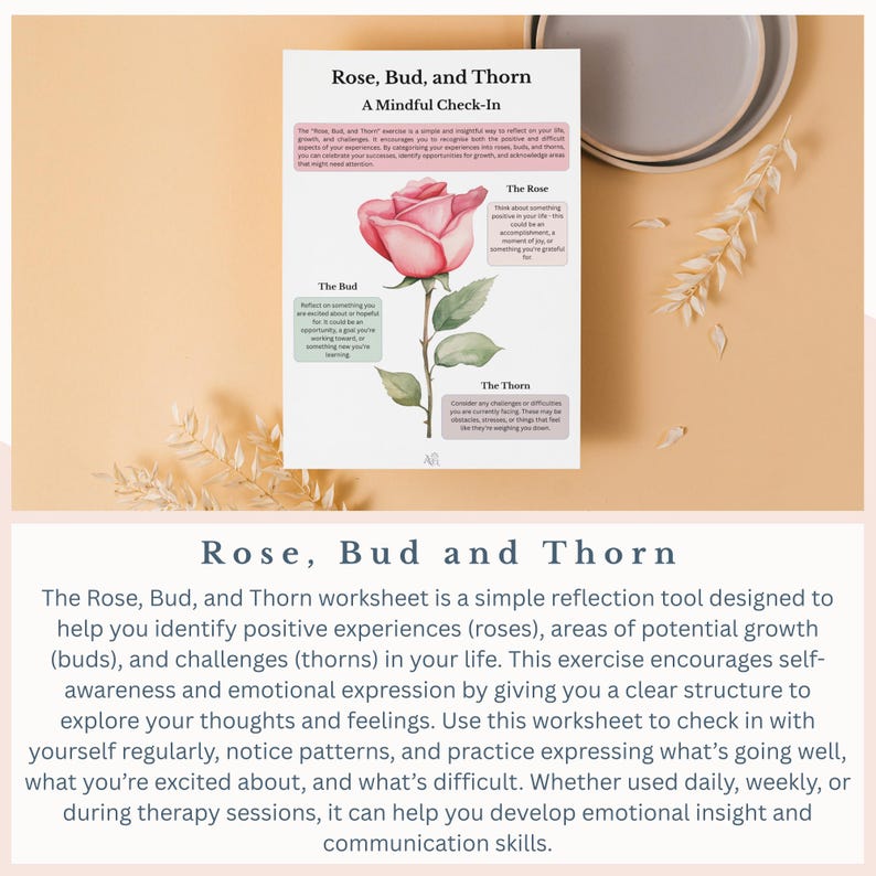 Rose Bud and Thorn Worksheet | 5-page Self Awareness Journal for ...