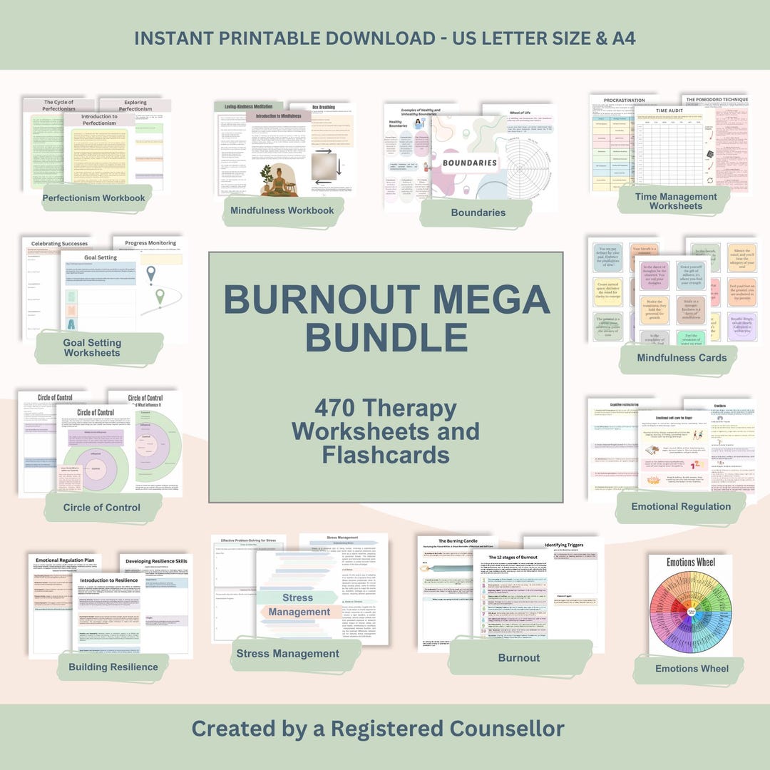 Burnout Mega Bundle: 470 Therapy Worksheets & Flashcards (PDF Download ...