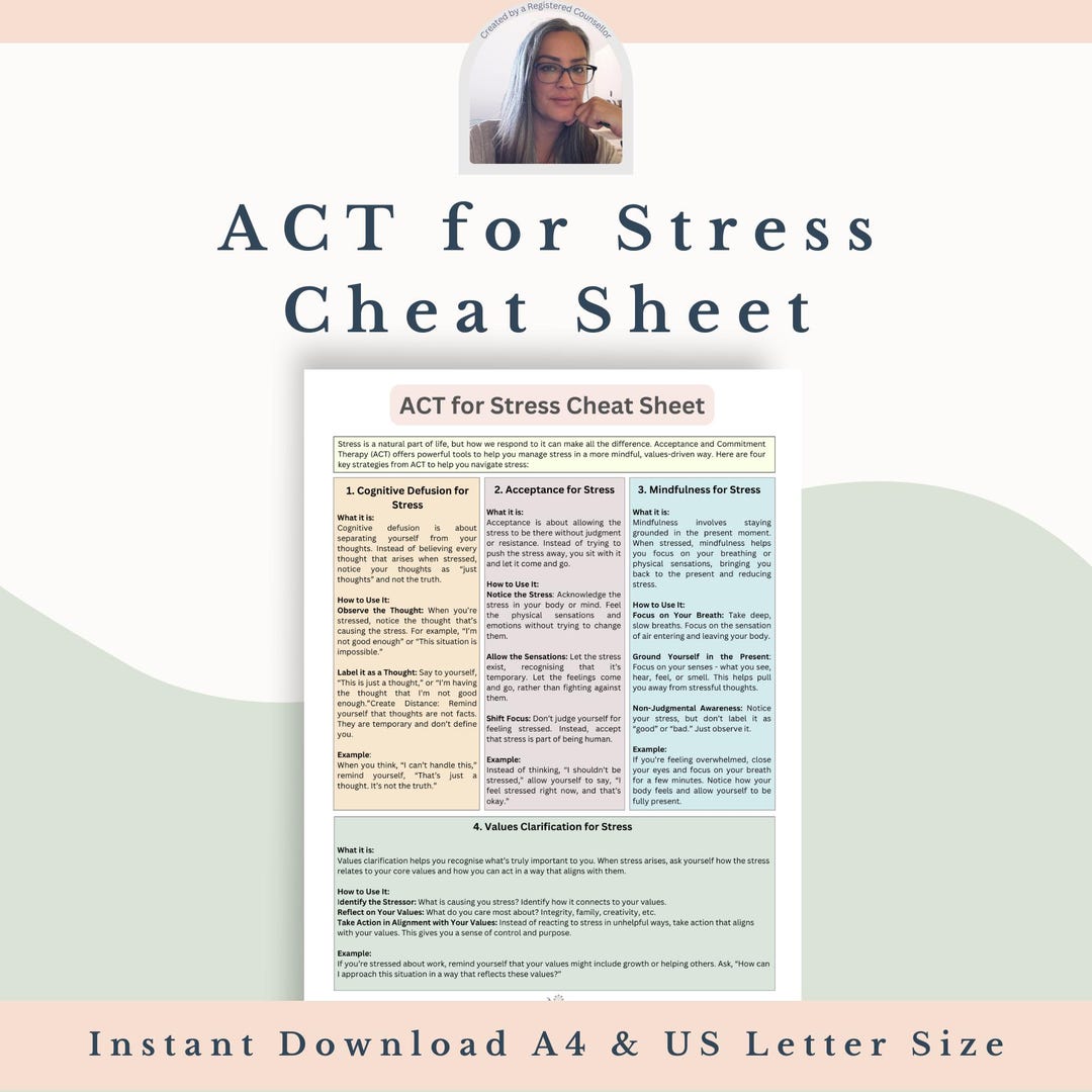 ACT for Stress Relief Cheat Sheet, One-page Counselling Resource ...