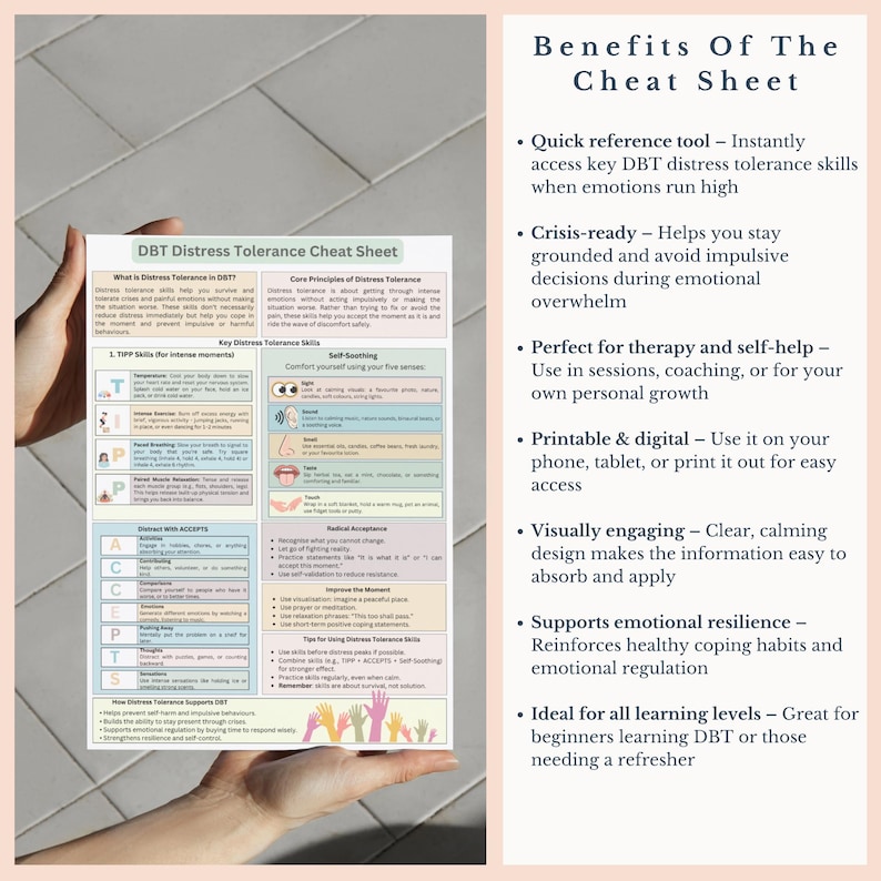 DBT Distress Tolerance Cheat Sheet: Crisis Coping Skills (PDF Download ...