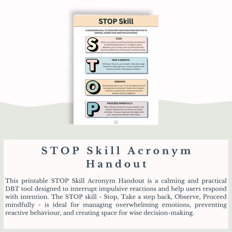 DBT STOP Skill Handout: Emotional Regulation & Impulse Control (PDF ...