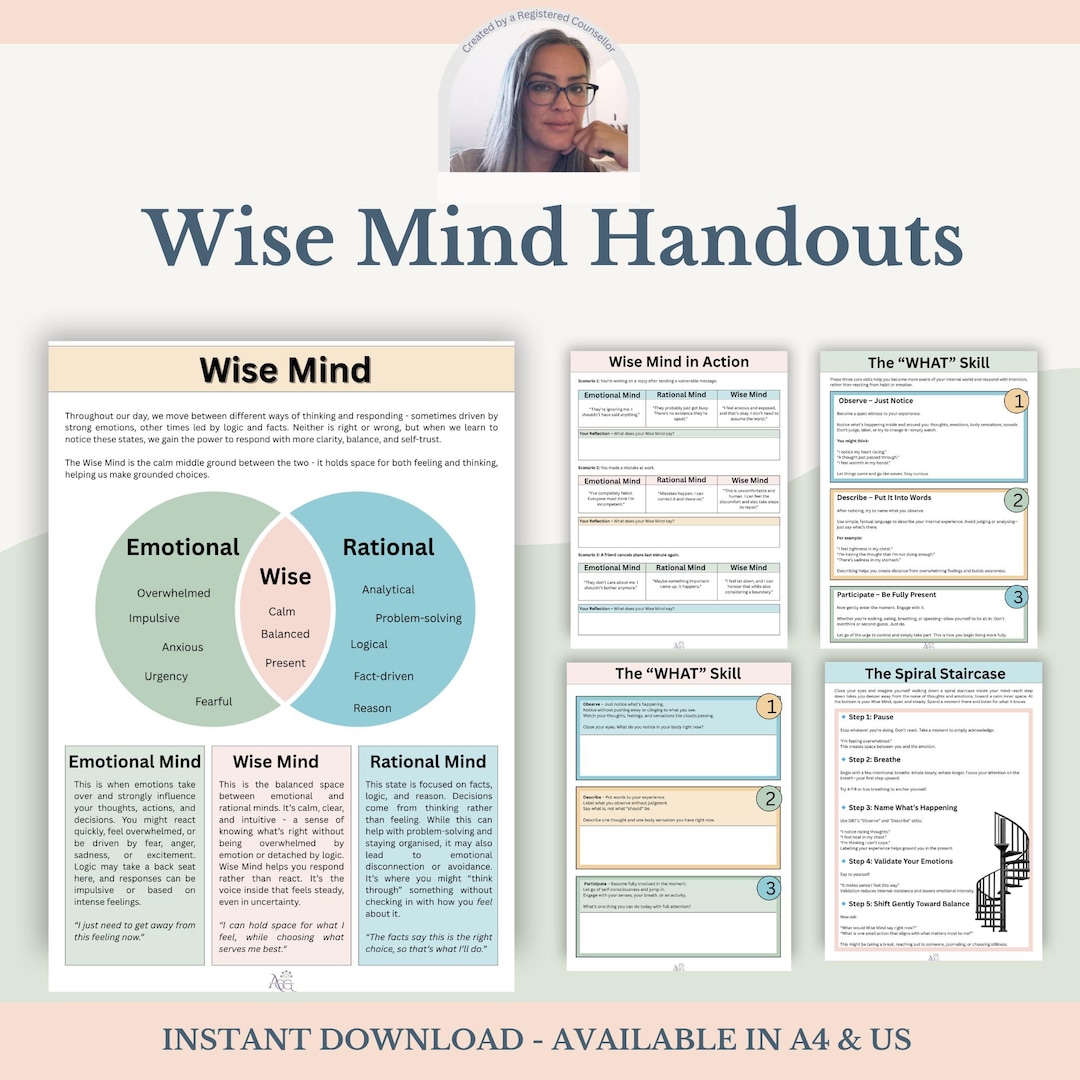 Wise Mind Therapy DBT Worksheets: Mindfulness Counseling Resources ...