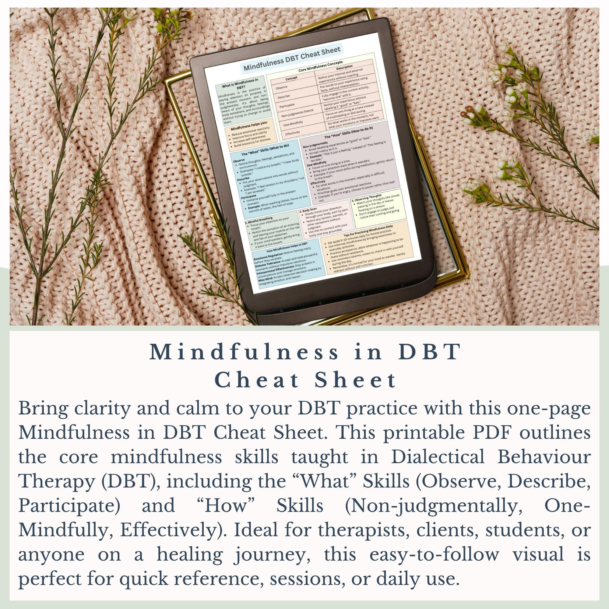 DBT Mindfulness Cheat Sheet - One Page Therapy Handout for Mental ...