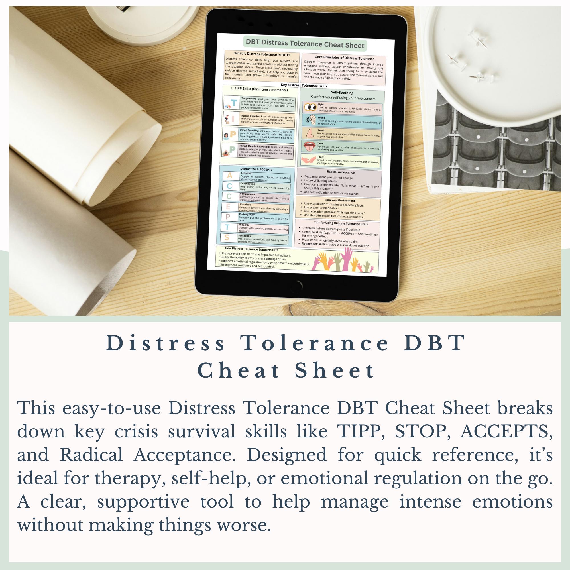DBT Distress Tolerance Cheat Sheet: Crisis Coping Skills (PDF Download ...