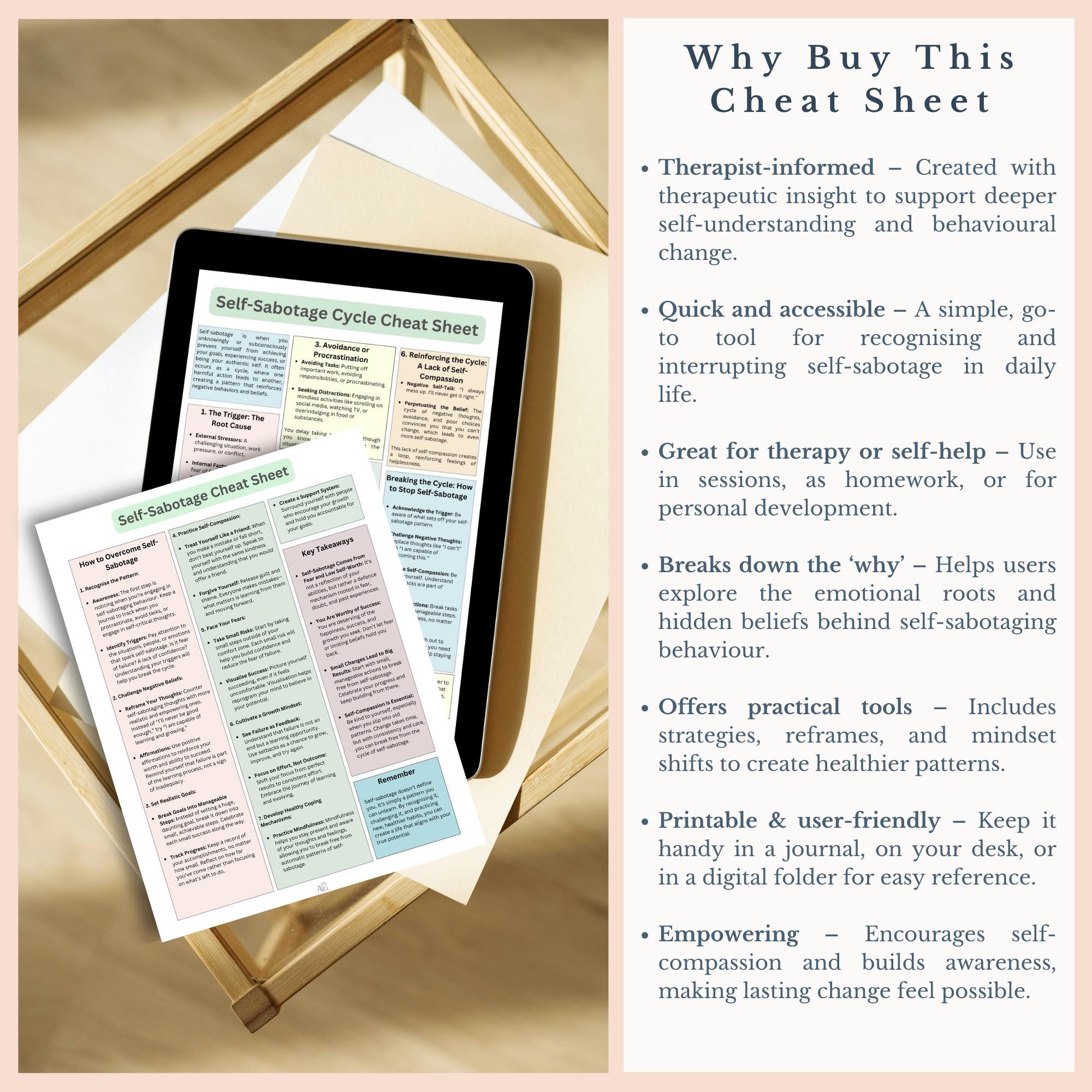 Self-sabotage Cheat Sheet: Easy 2-page Therapy Resource for Overcoming Habits & Building ...