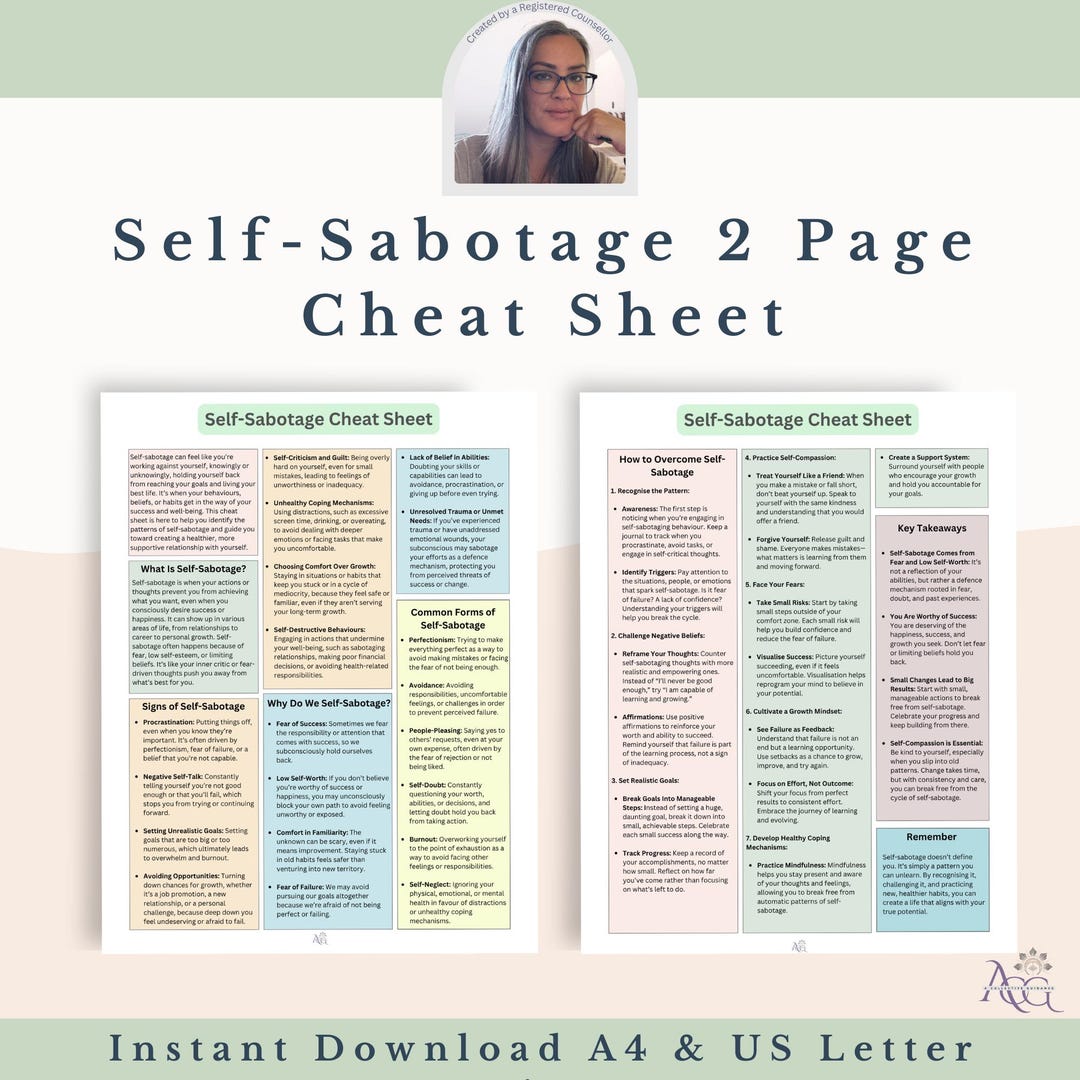 Self-sabotage Cheat Sheet: Easy 2-page Therapy Resource for Overcoming ...