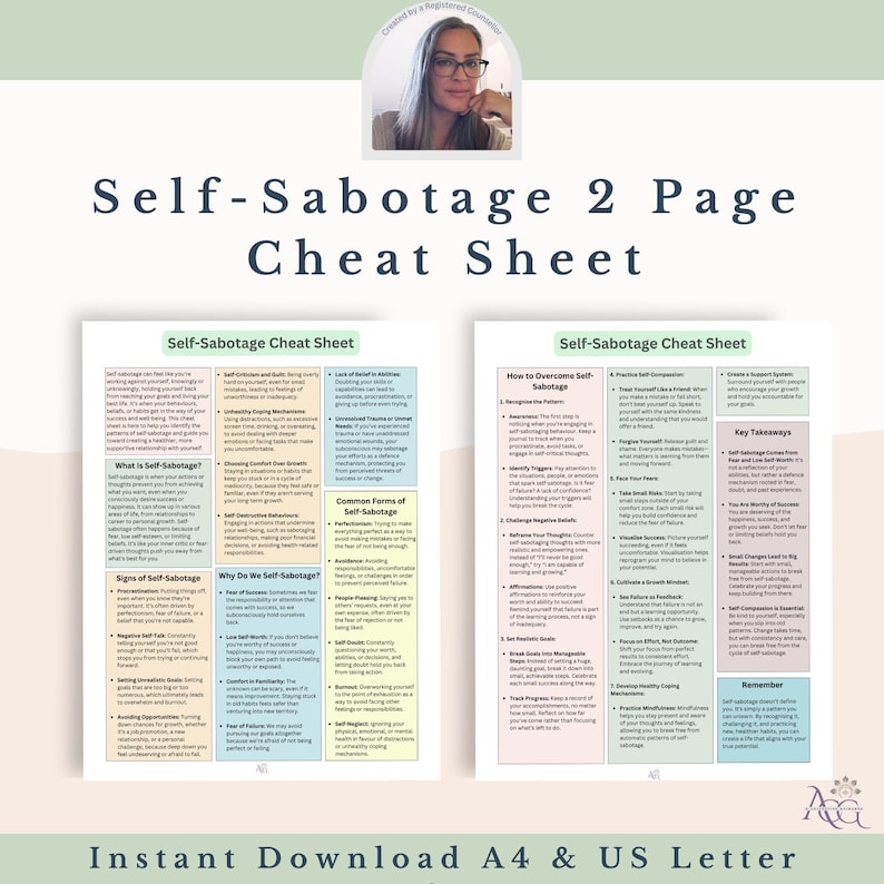 Self-sabotage Cheat Sheet: Easy 2-page Therapy Resource for Overcoming ...