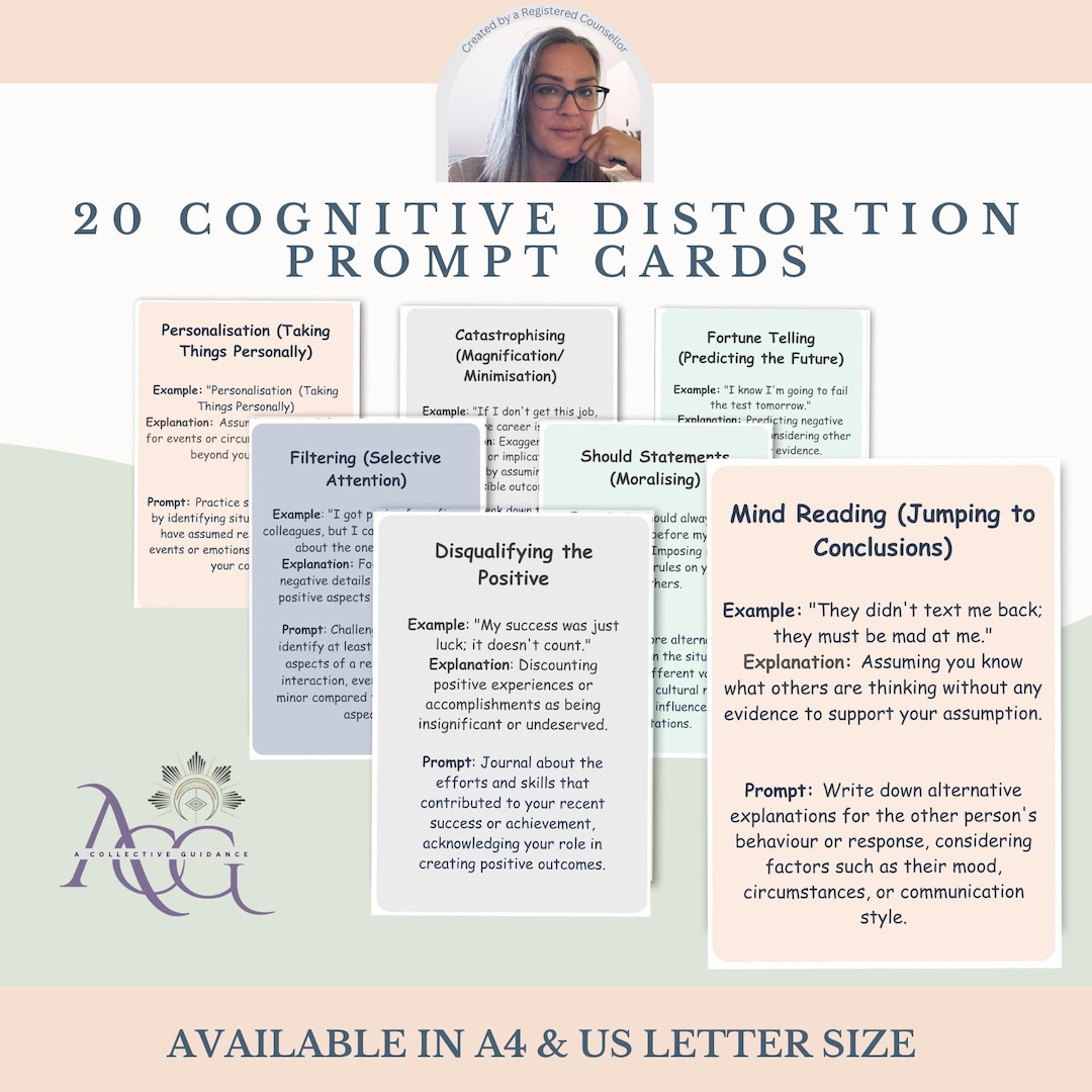 Cognitive Distortion Prompt Cards | Therapy Flashcards for CBT | Mental ...