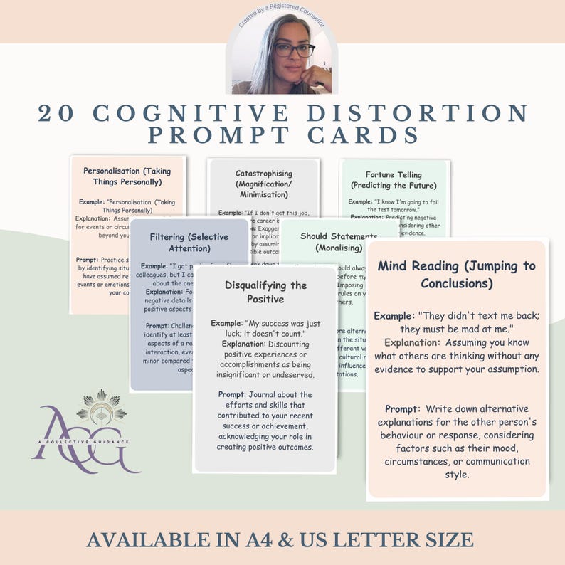 Cognitive Distortion Prompt Cards | Therapy Flashcards for CBT | Mental ...