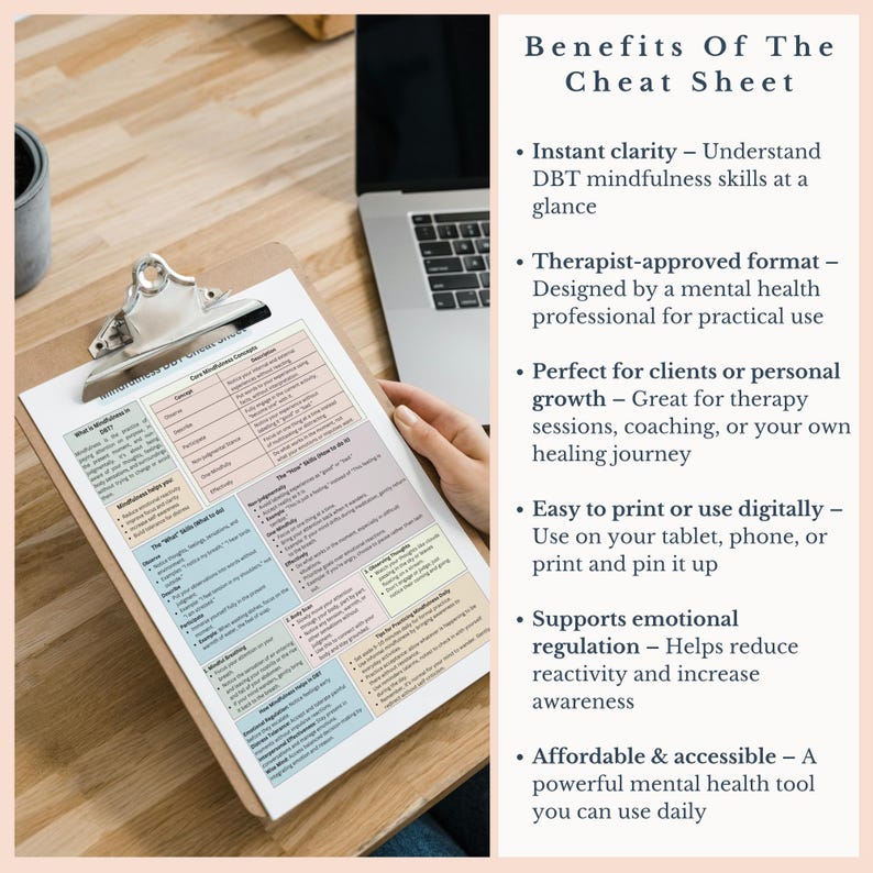 DBT Mindfulness Cheat Sheet - One Page Therapy Handout for Mental ...