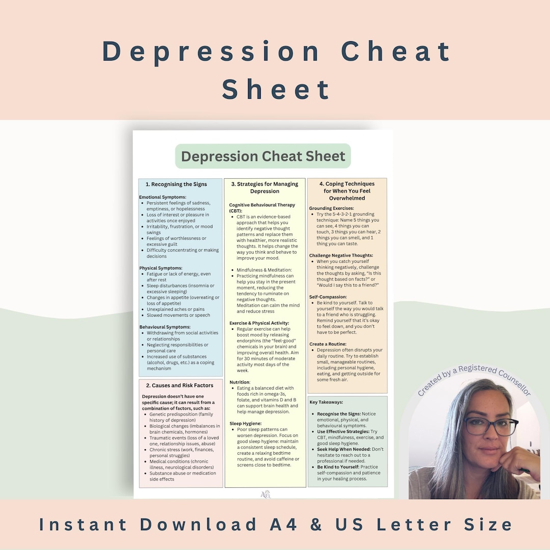 Depression Cheat Sheet: One Page Therapy Tools & Strategies, Managing ...