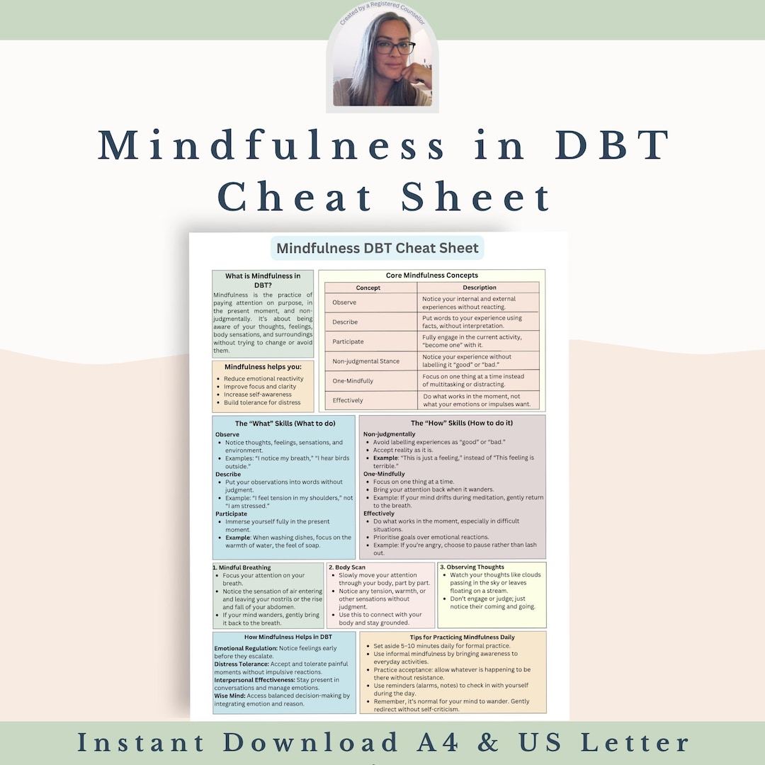 DBT Mindfulness Cheat Sheet - One Page Therapy Handout for Mental ...