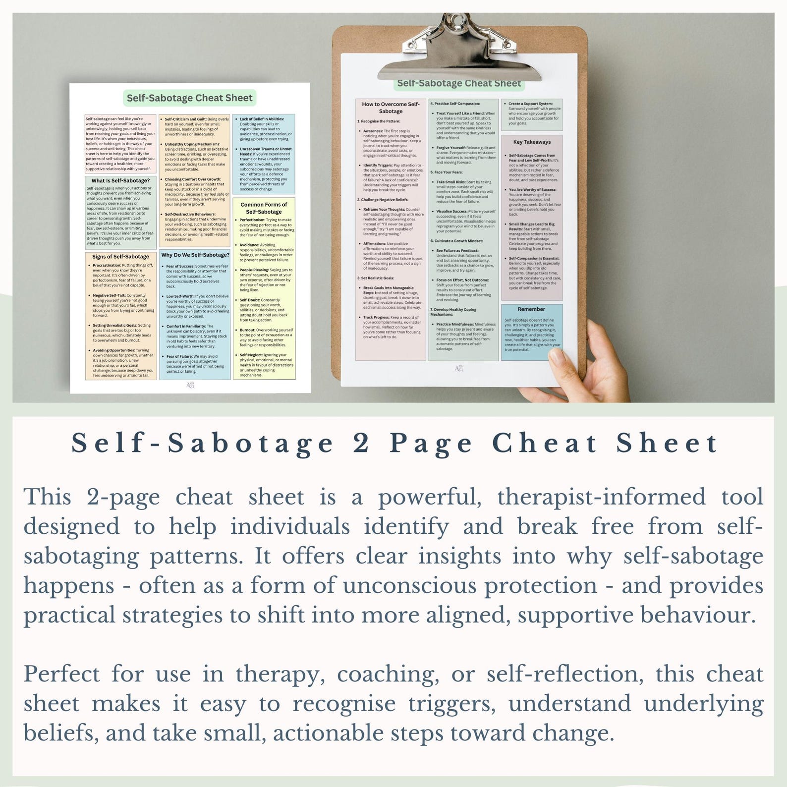 Self-sabotage Cheat Sheet: Easy 2-page Therapy Resource for Overcoming ...