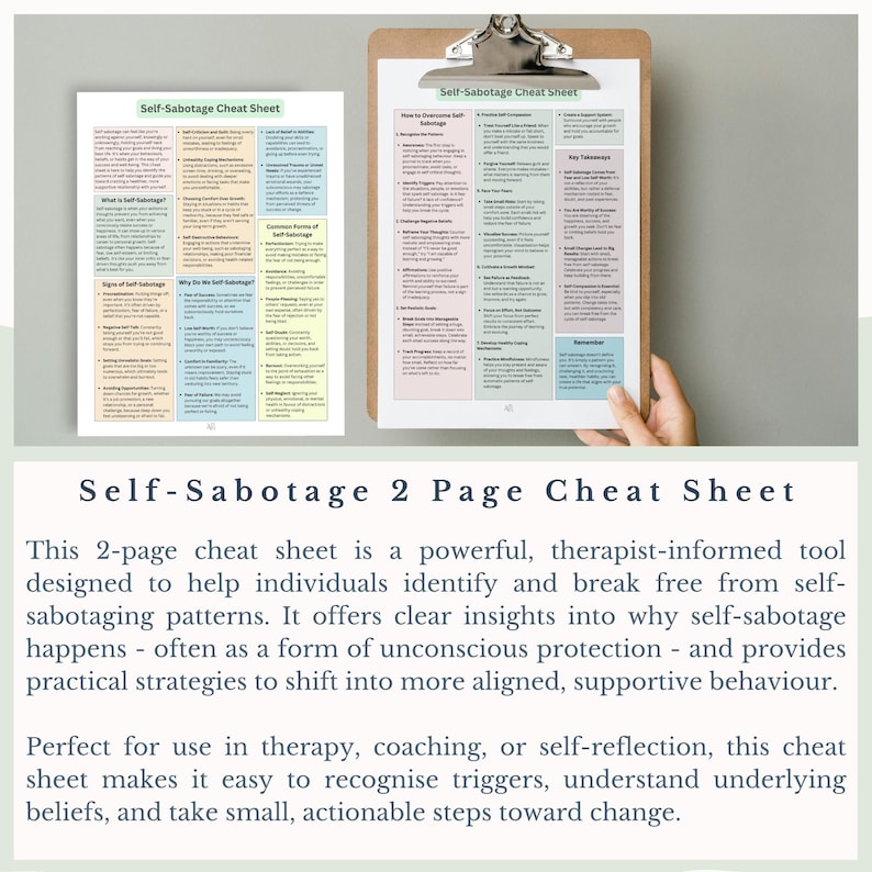 Self-sabotage Cheat Sheet: Easy 2-page Therapy Resource for Overcoming ...