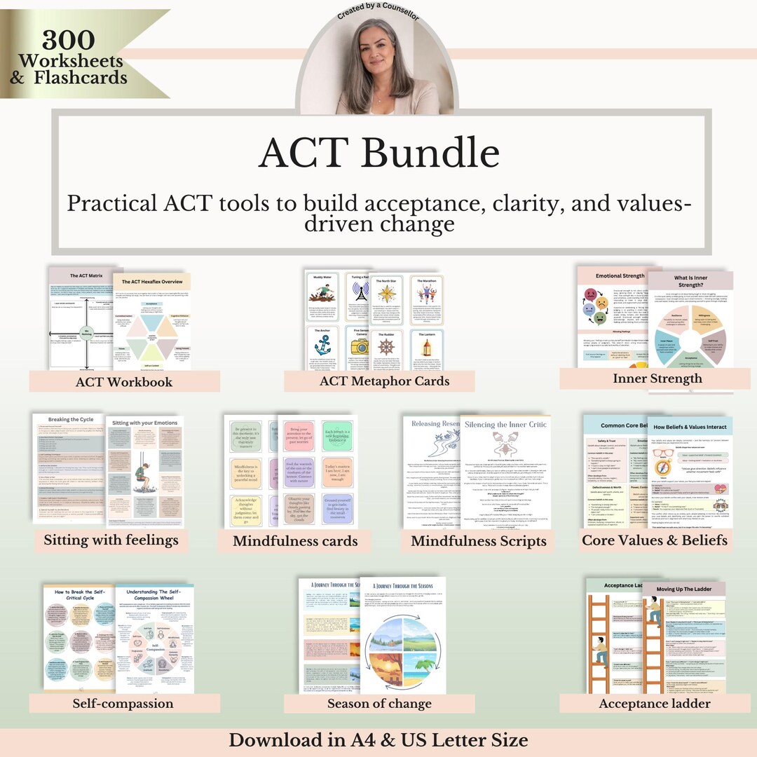 Acceptance and Commitment Therapy Bundle, ACT Worksheets Values ...