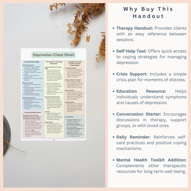Depression Cheat Sheet: One Page Therapy Tools & Strategies, Managing ...