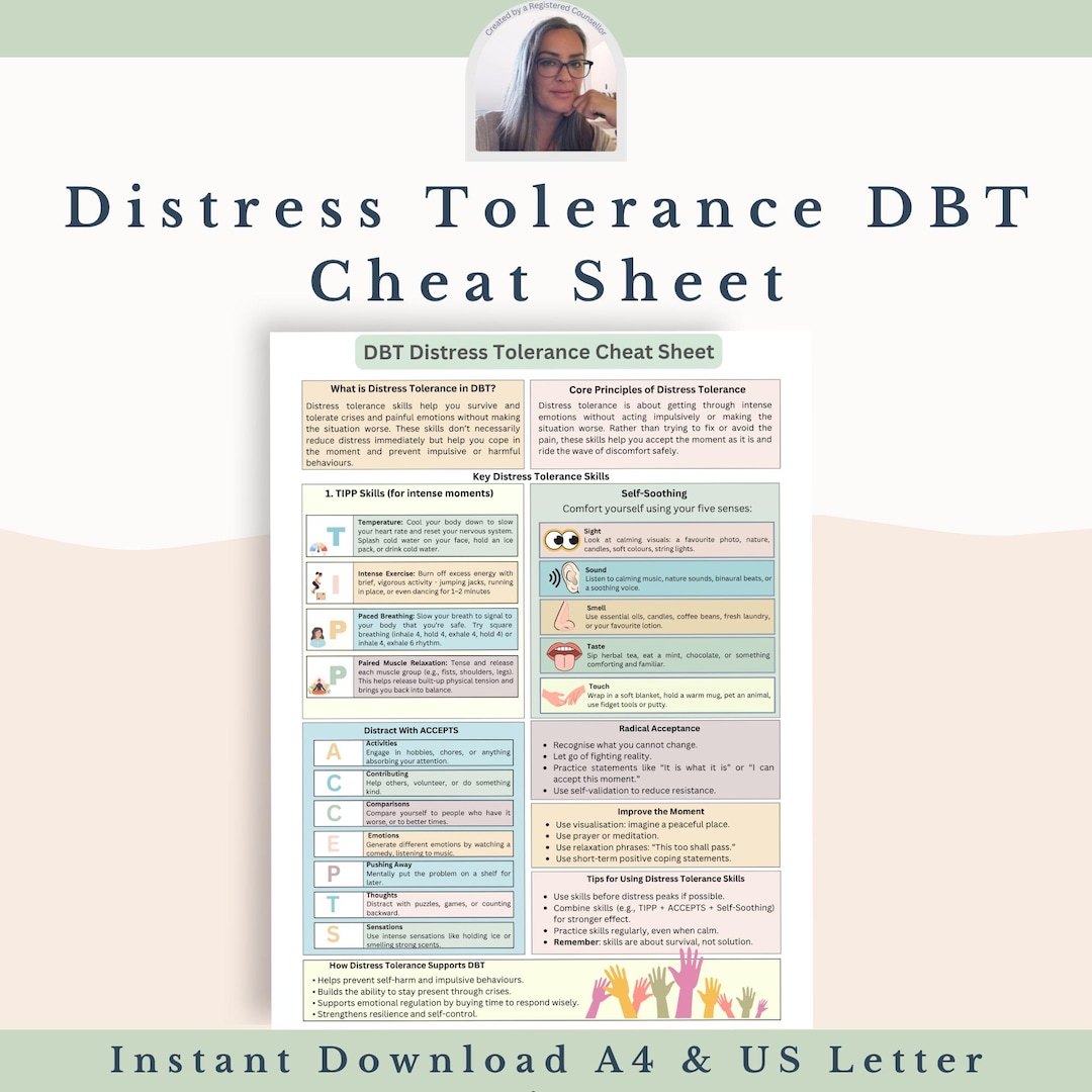 DBT Distress Tolerance Cheat Sheet: Crisis Coping Skills (PDF Download ...
