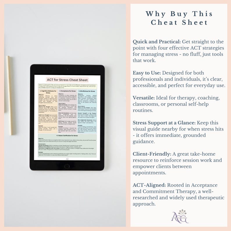 ACT for Stress Relief Cheat Sheet, One-page Counselling Resource ...
