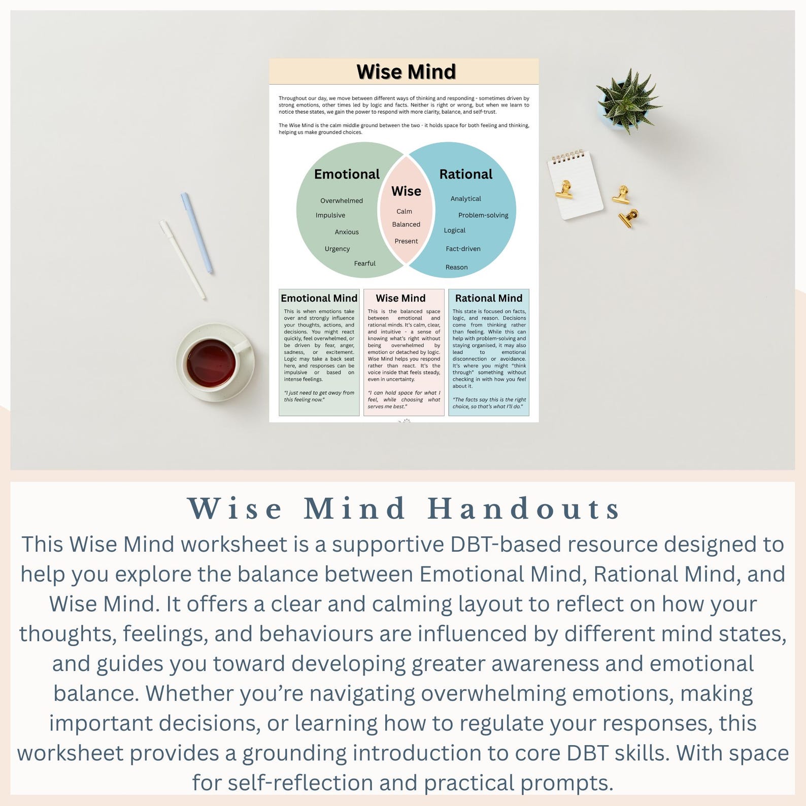 Wise Mind DBT Worksheets, Mindfulness Therapy Workbook, Emotional ...