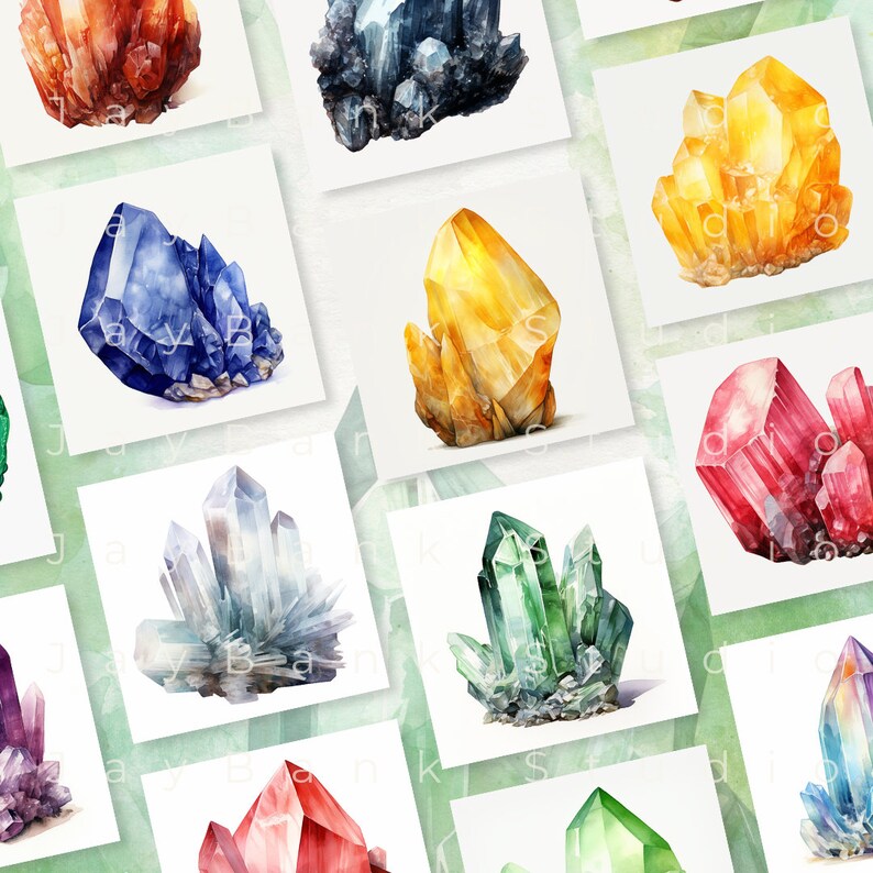 100 Crystal Cards Watercolor Gem Printable Cards Fully - Etsy