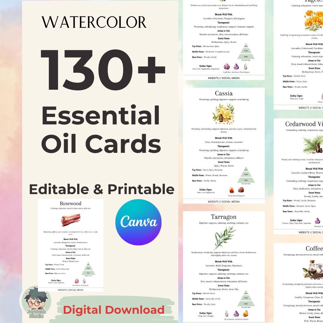 130+ Essential Oil Cards Watercolor Fully Editable in Canva : Digital ...