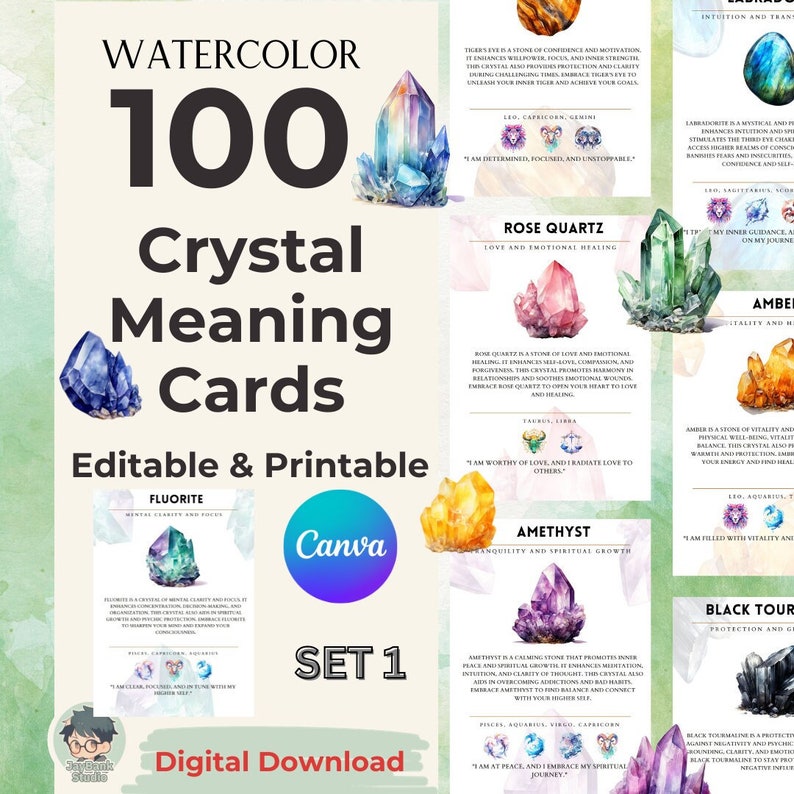 100 Crystal Cards Watercolor Gem Printable Cards Fully - Etsy