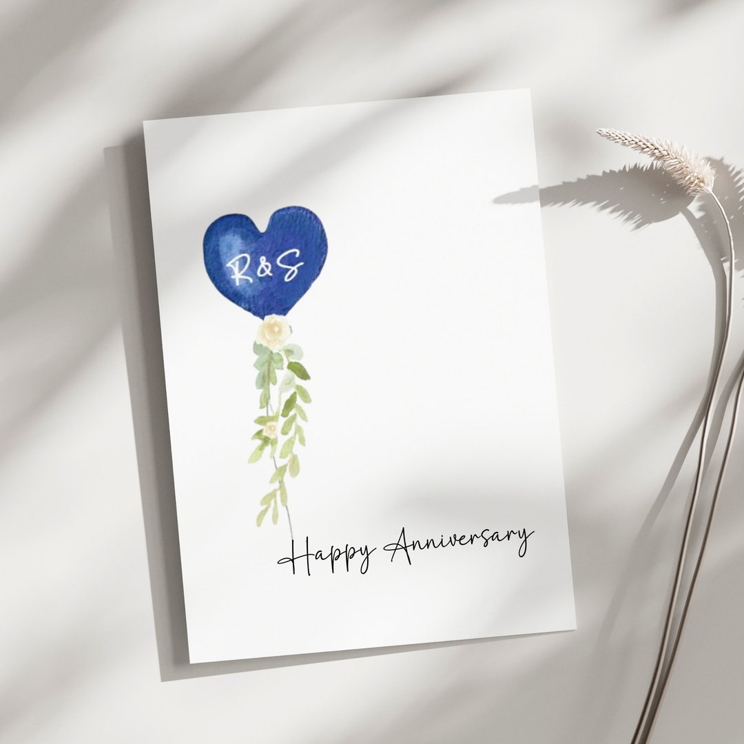 Personalized Anniversary Card, Watercolor Heart Balloon Card, Initial ...