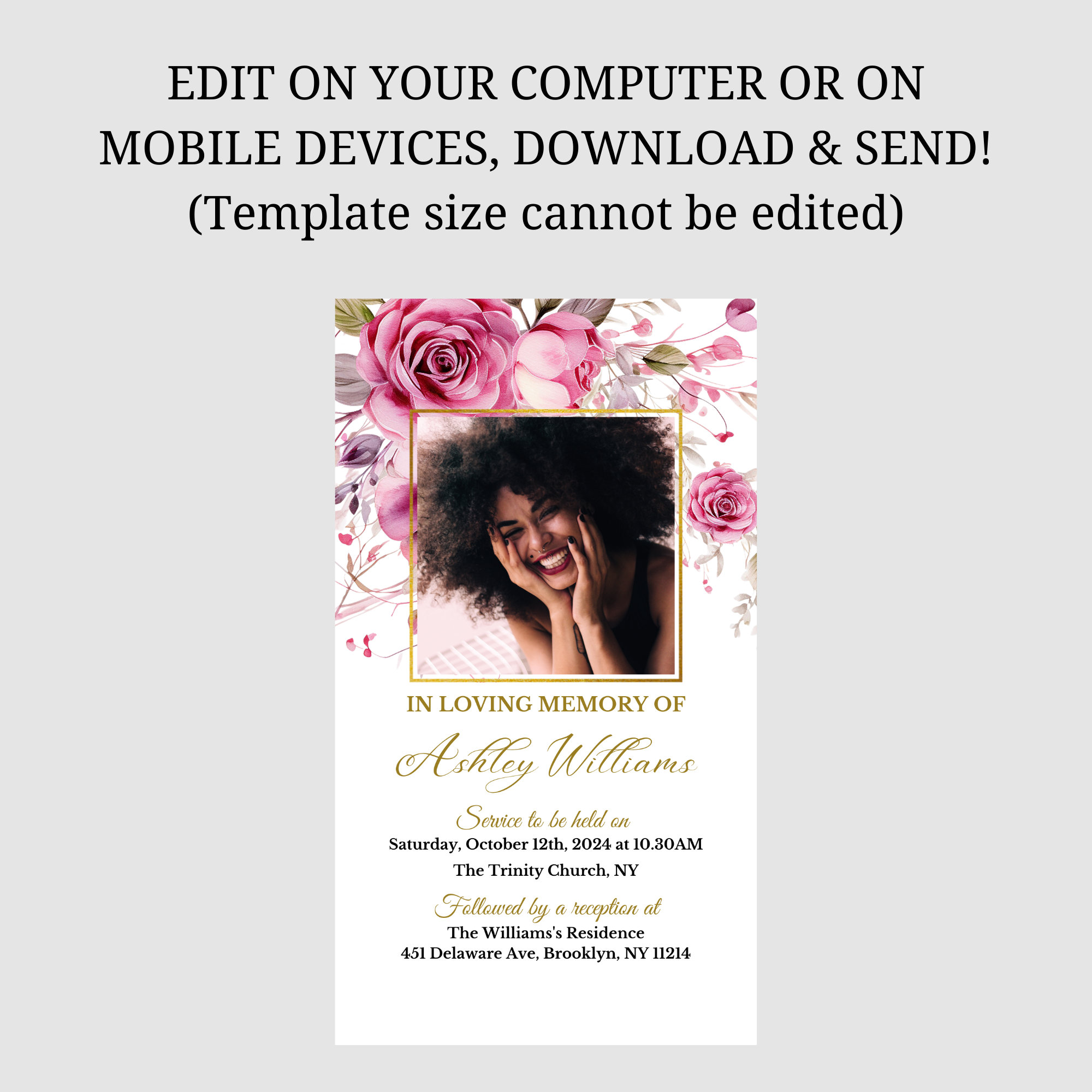 Pink Roses Funeral Announcement Template: Electronic Memorial Evite ...