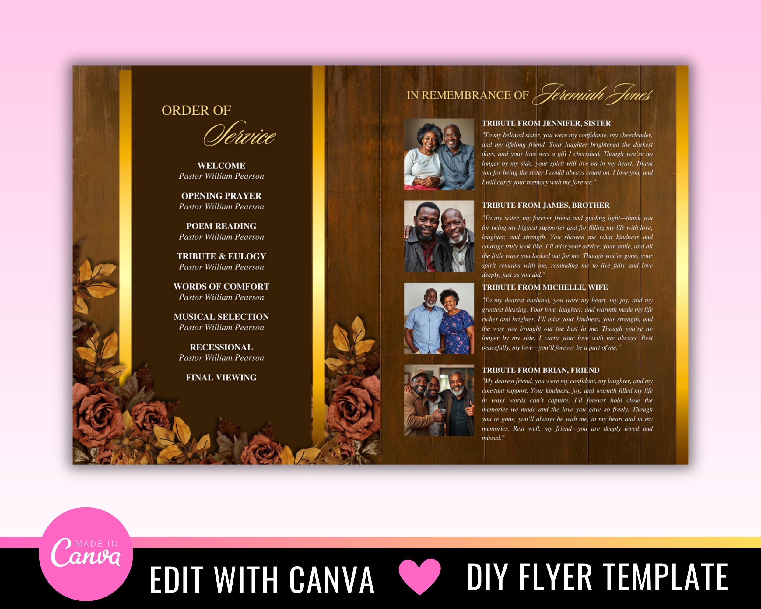 Rustic Brown Floral Funeral Program Template: Celebration of Life ...