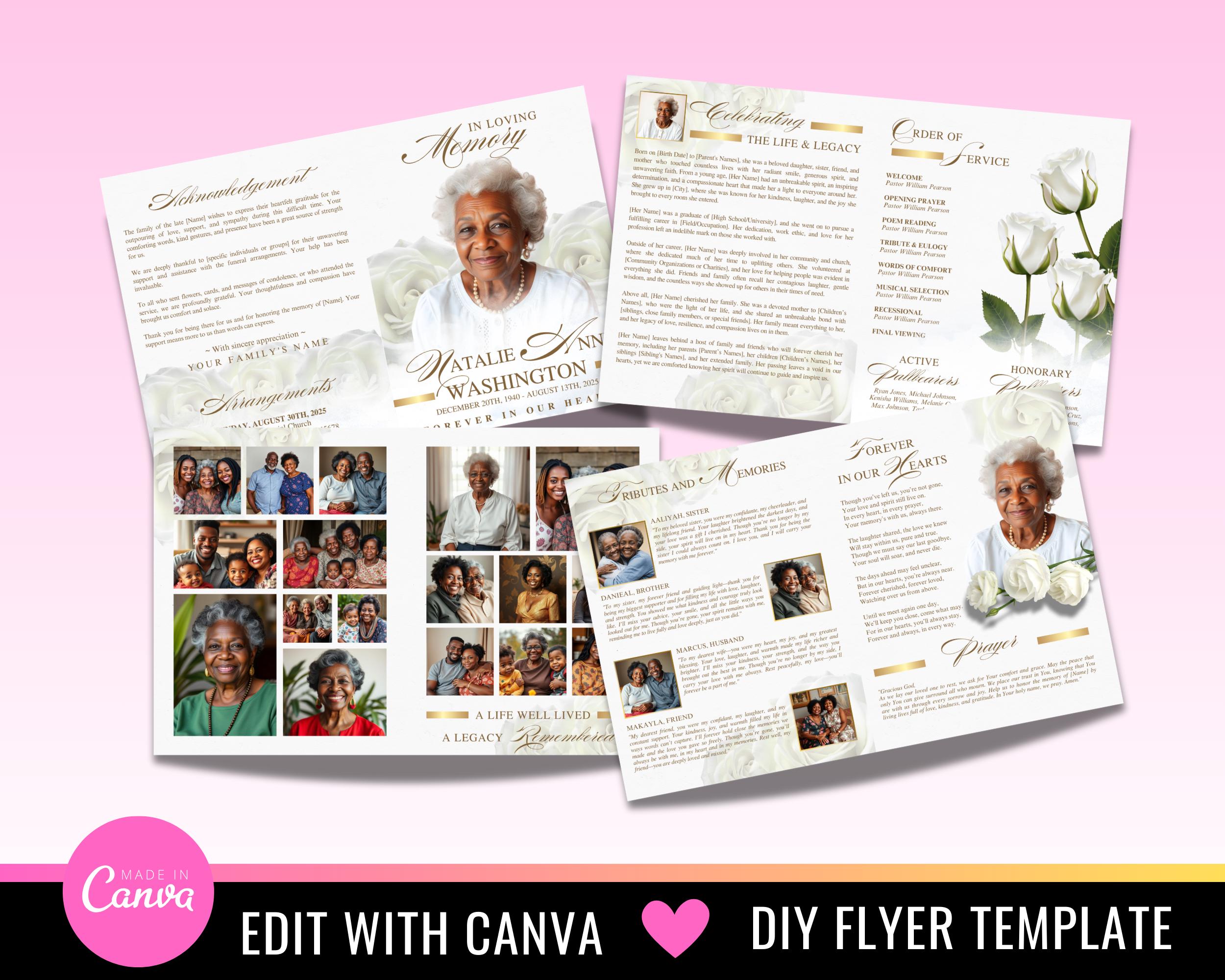 White Roses Funeral Program Template: Gold Accents (canva, 17x11" Bi ...