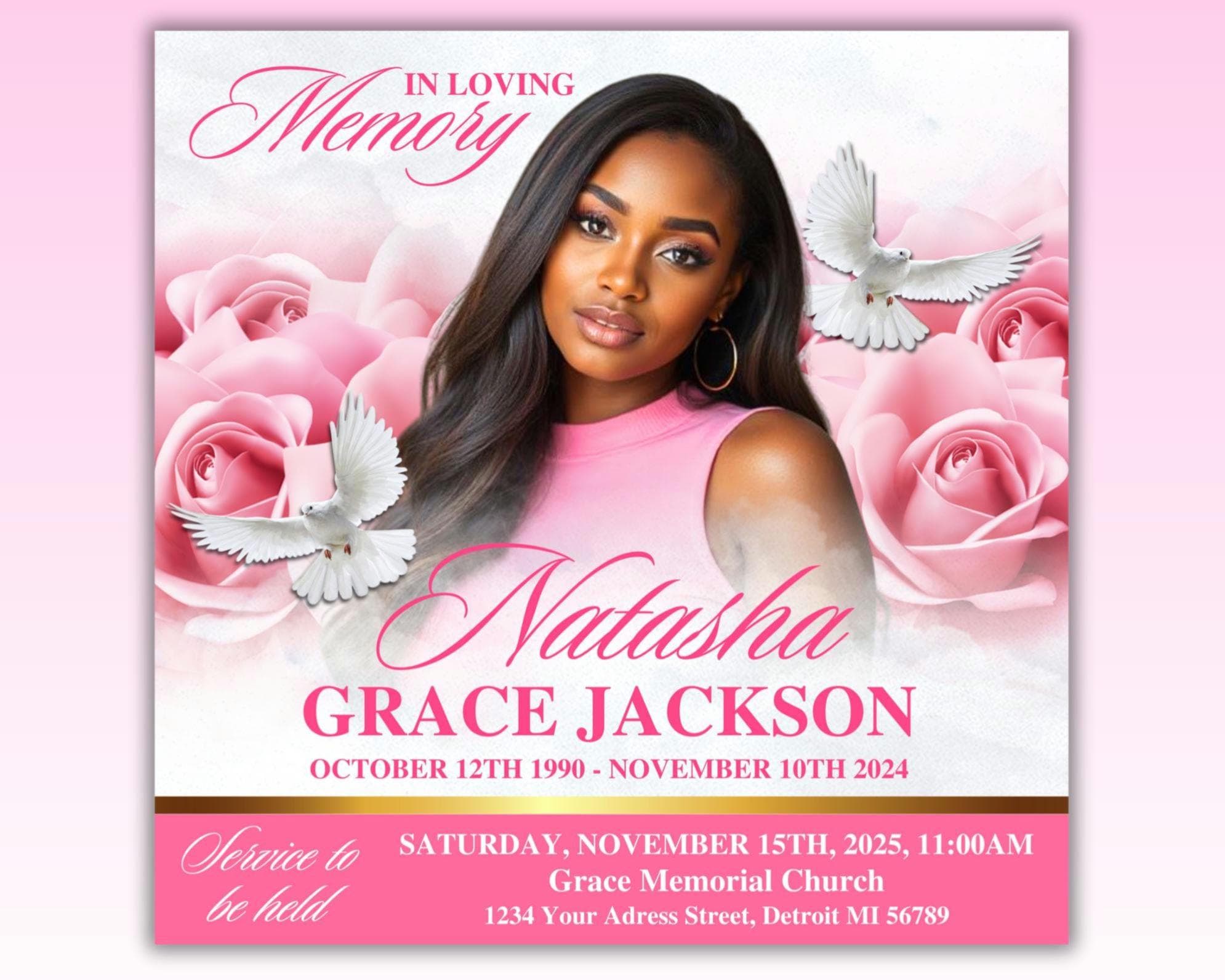 Pink Rose Funeral Announcement Flyer: Celebration of Life (DIY Canva ...