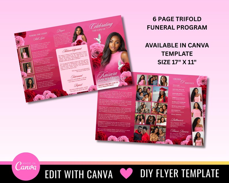 Pink Roses Funeral Program Template, Celebration of Life (canva ...