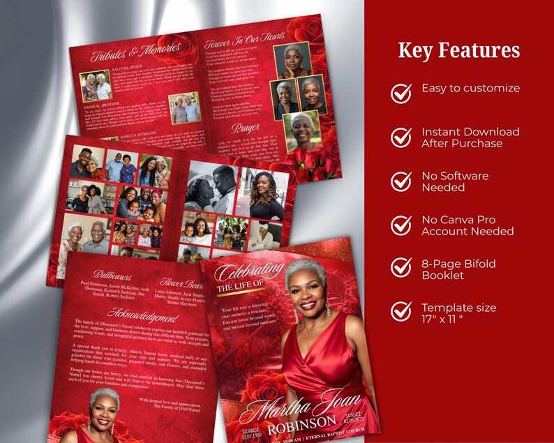 Red Roses With Gold Funeral Program Template, Memorial Order of Service ...
