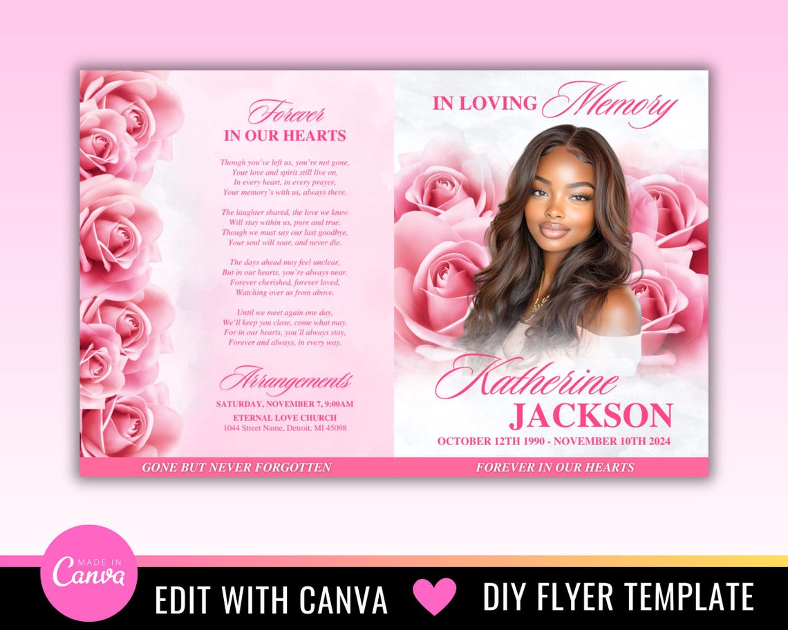 Pink Roses Funeral Program Template: Celebration of Life (canva ...