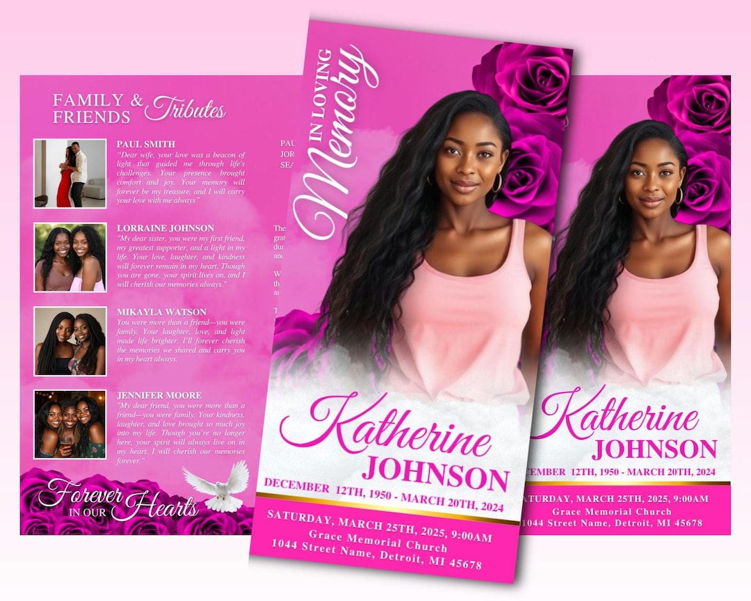 Pink Roses Funeral Program: Trifold Memorial Template (17x11 Canva ...