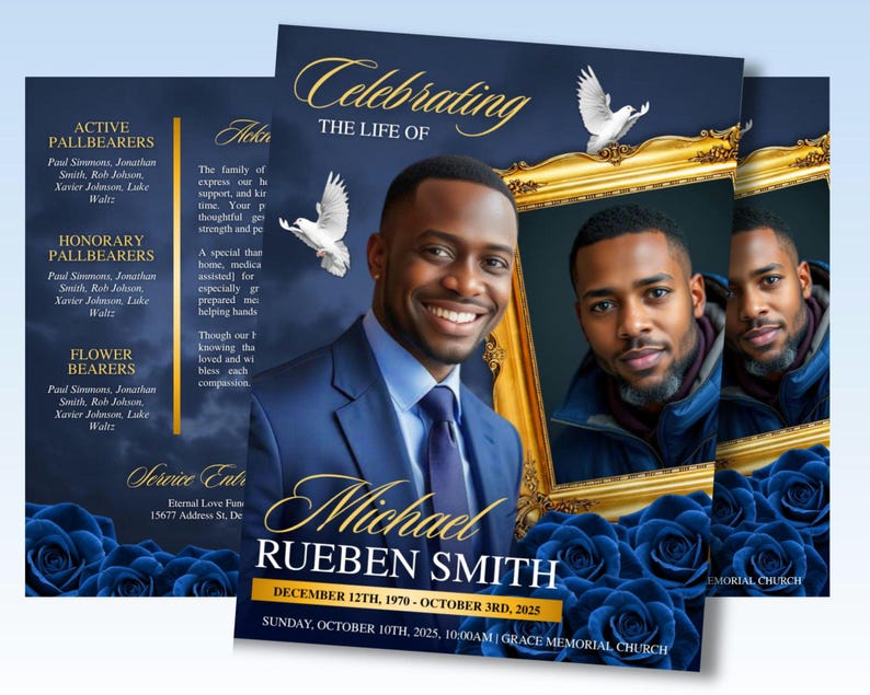 Navy Blue & Gold Funeral Program Template: 8-page Memorial (canva ...